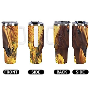 Brown Horse with Sunflowers Insulated Tumblers with Handle Stainless Steel Coffee Mug Funny Travel Cup with Lid Straw 40oz
