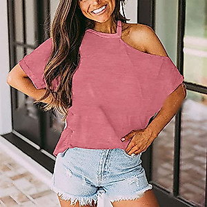 Women's Summer Fashion O-Neck Strapless Solid Short Sleeve Shirts Tops Loose T Shirt(Pink, M)