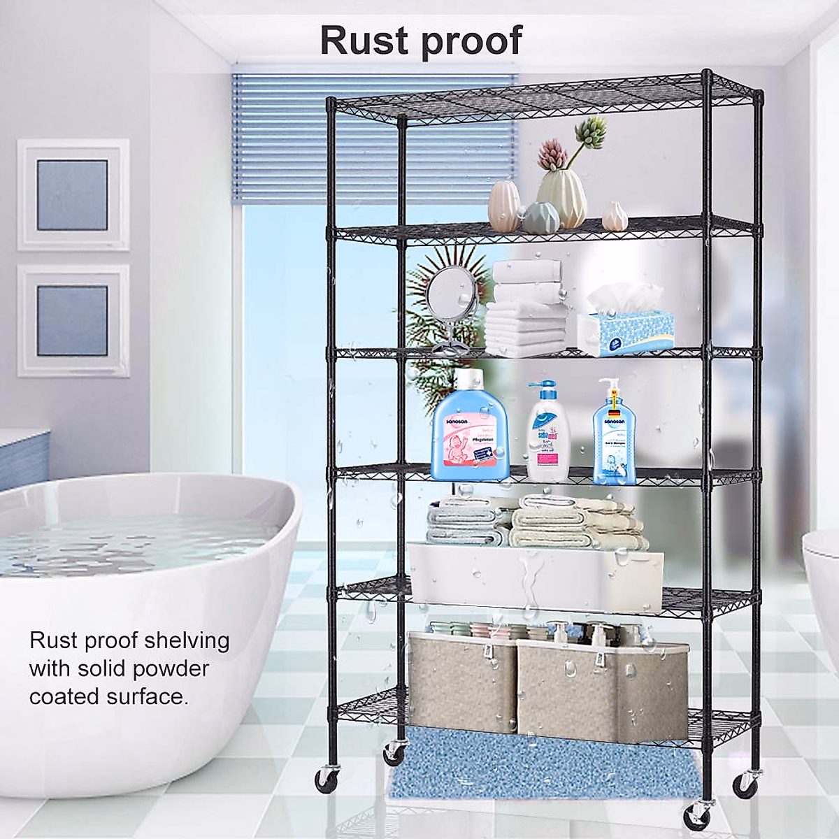 6 Tier Wire Shelving Unit Rack NSF Heavy Duty Height Adjustable Storage Shelf Metal Shelving with Wheels/Feet Levelers Garage Rack Kitchen Rack Office Rack Commercial Shelving - Black - 18x48x82