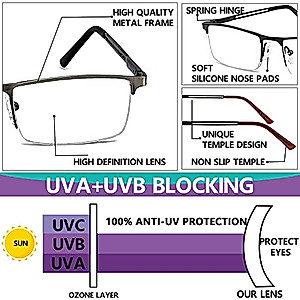 JJWELL 3 Pack Blue Light Reading Glasses for Men, Lightweight Metal Rectangle Semi Rimless Readers for Men, Anti Eyestrain/Computer Glare/UV, Half Frame Spring Hinge Eyeglasses with Pouches