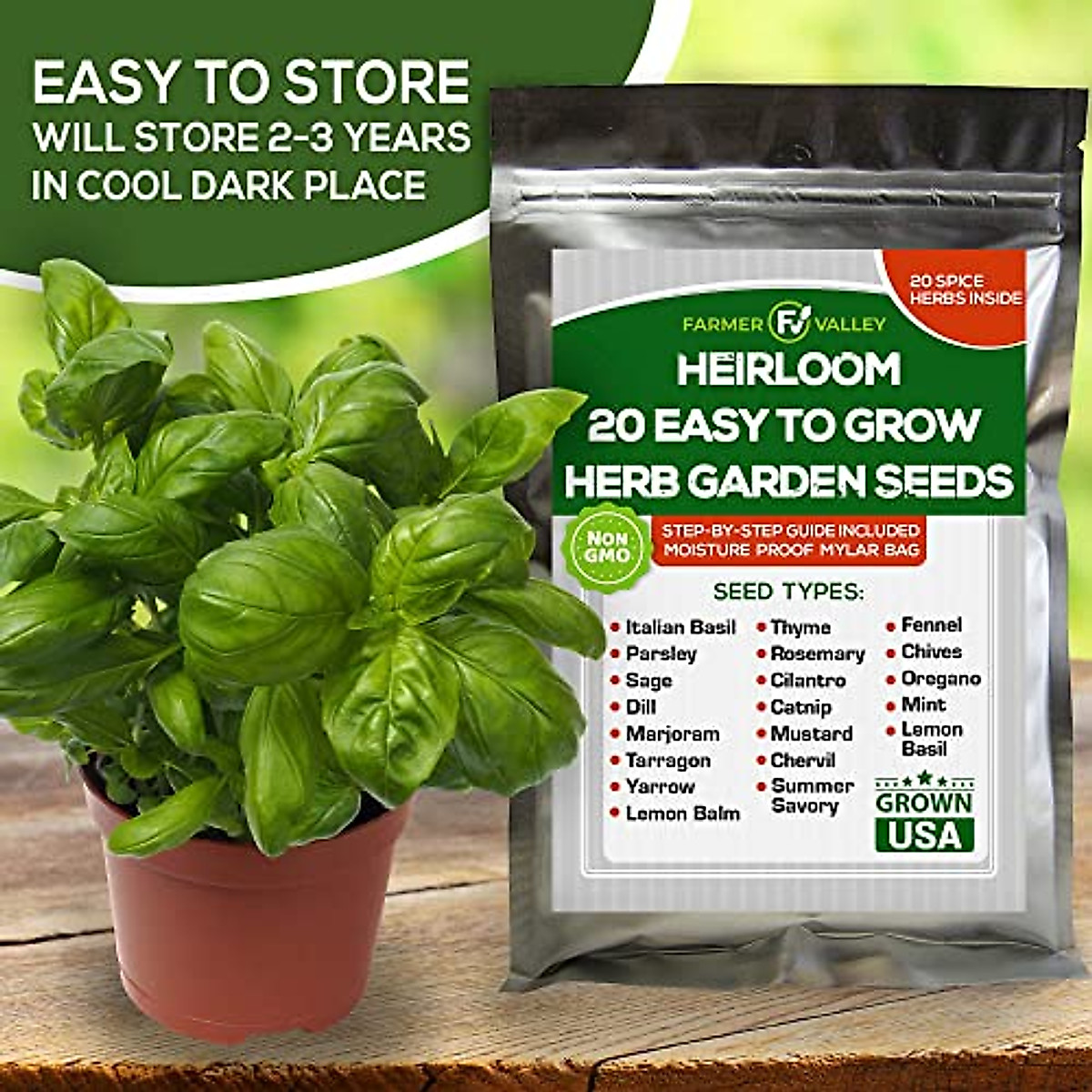 20 Most Needed Spice Seeds for Home Gardening - Kitchen & Culinary Herb Plant Seeds for Indoor, Outdoor, and Hydroponic Growing, Including Basil, Parsley, Rosemary, Mint & More