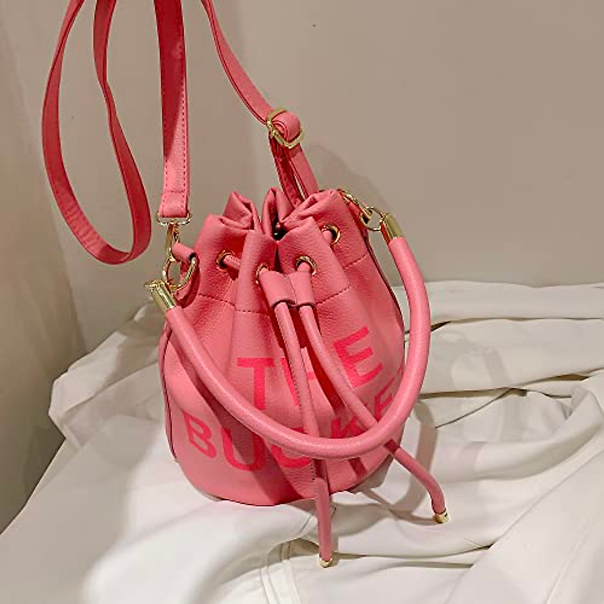 Small Bucket Bag for Women, Leather Bucket Bag Purses, Crossbody/Handbag/Hobo Bag(7.9*7.9*8.3in) (Rose Red)