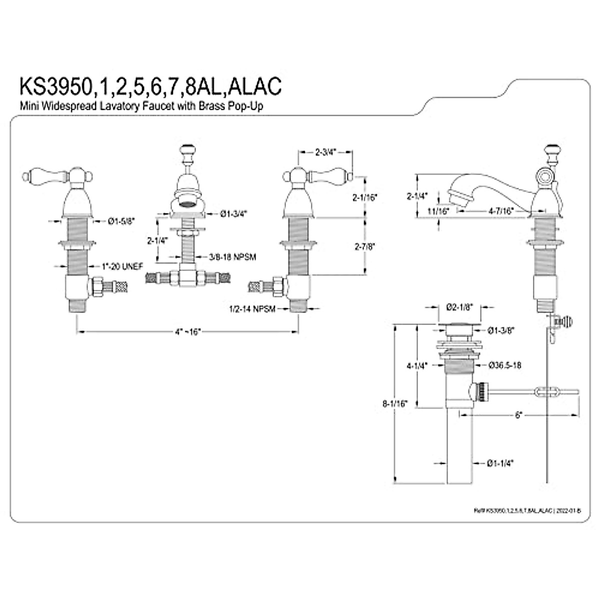 Elements of Design Nuvo Elements of Design ES3951AL Chicago 2-Handle 4" to 8" Mini Widespread Lavatory Faucet with Brass Pop-Up, 4-1/2", Polished Chrome