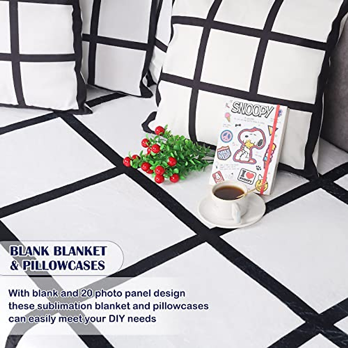 60"x50" Sublimation Blanks Throw Blanket with 20 Photo Panel Heat Press Custom Personalised Printable Panels Baby Printed Blanket Flannel Fleece 2 PCS Pillow Cover Throws Bed Sofa Couch Home Bedroom