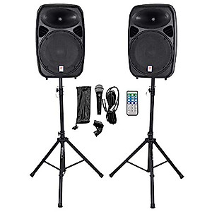 Rockville RPG152K Dual 15" Powered Speakers, Bluetooth+Mic+ Stands+Cables