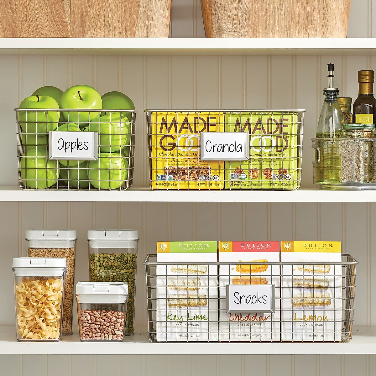 mDesign Wide Steel Wired Storage Organizer Bin Baskets with Label Slot for Kitchen Pantry, Cabinet, Organizing Holder for Food, Drinks, Snacks, Produce, Omaha Collection, 2 Pack, Satin