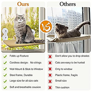 Foldable Cat Window Perch, Cordless Cat Window Hammock with 4 Strong Suction Cups, Window Cat Beds for Indoor Cats Inside, Large Cats Window Seat Windowsill Safety with Sturdy Metal Frame Soft Cover
