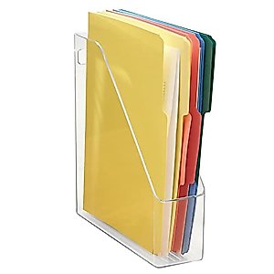 mDesign Plastic Slim Vertical File Folder Bin Storage Organizer with Handle - Hold Notebooks, Binders, Envelopes, Magazines for Home Office, Work Desktops, Ligne Collection, Clear