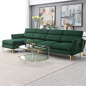 Prohon 111" L Shaped Convertible Sofa Left/Right Hande Chaise, Flannel Sectional Couch w/Gold Legs for Bedroom, Living Room, Green