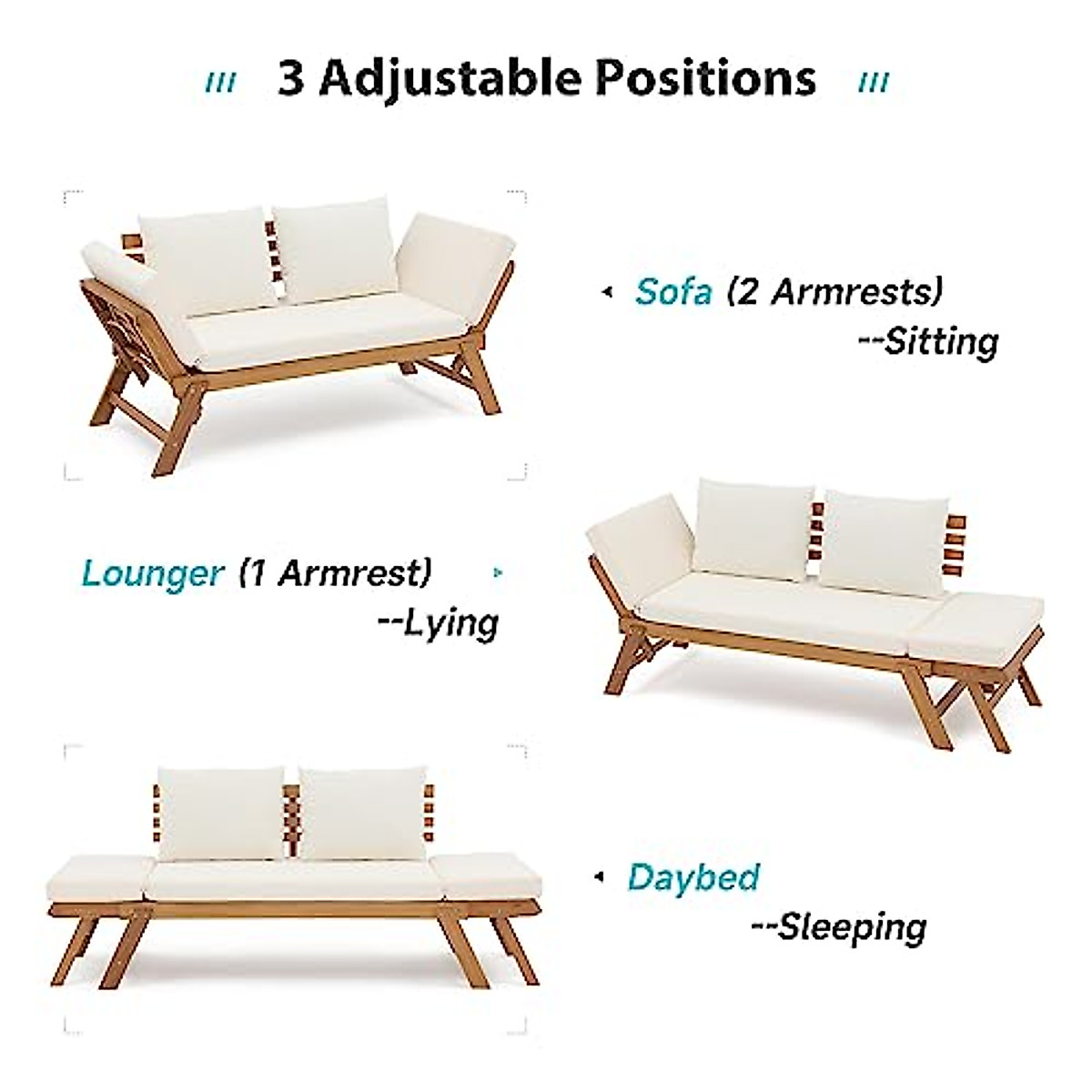 Verano Garden Outdoor Convertible Sofa Daybed, FSC Acacia Wood Patio Couch with Thick Cushion & Pillows for Porch, Backyard, Balcony, Apartment, Sunroom, Cream White