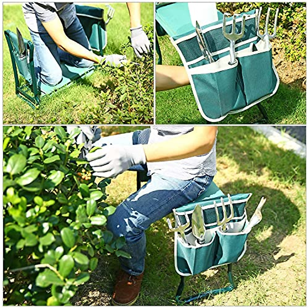 Ohuhu Garden Kneeler and Seat with EVA Foam Kneeling Pad, Foldable Garden Stool Bonus 2 Tool Pouches, 2-in-1 Heavy Duty Portable Gardening Beach, Idea for Women Men Elders Gardener