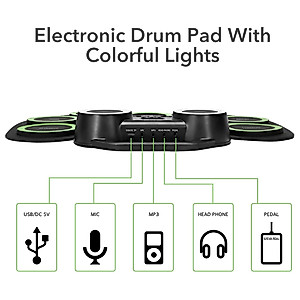 Electronic Drum Set, 9 Drum Pads, Roll up Electric Drum Set with Headphone Jack, Built-in Dual Speaker, Drum Stick, Foot Pedals, Best Gift for Christmas Holiday Birthday