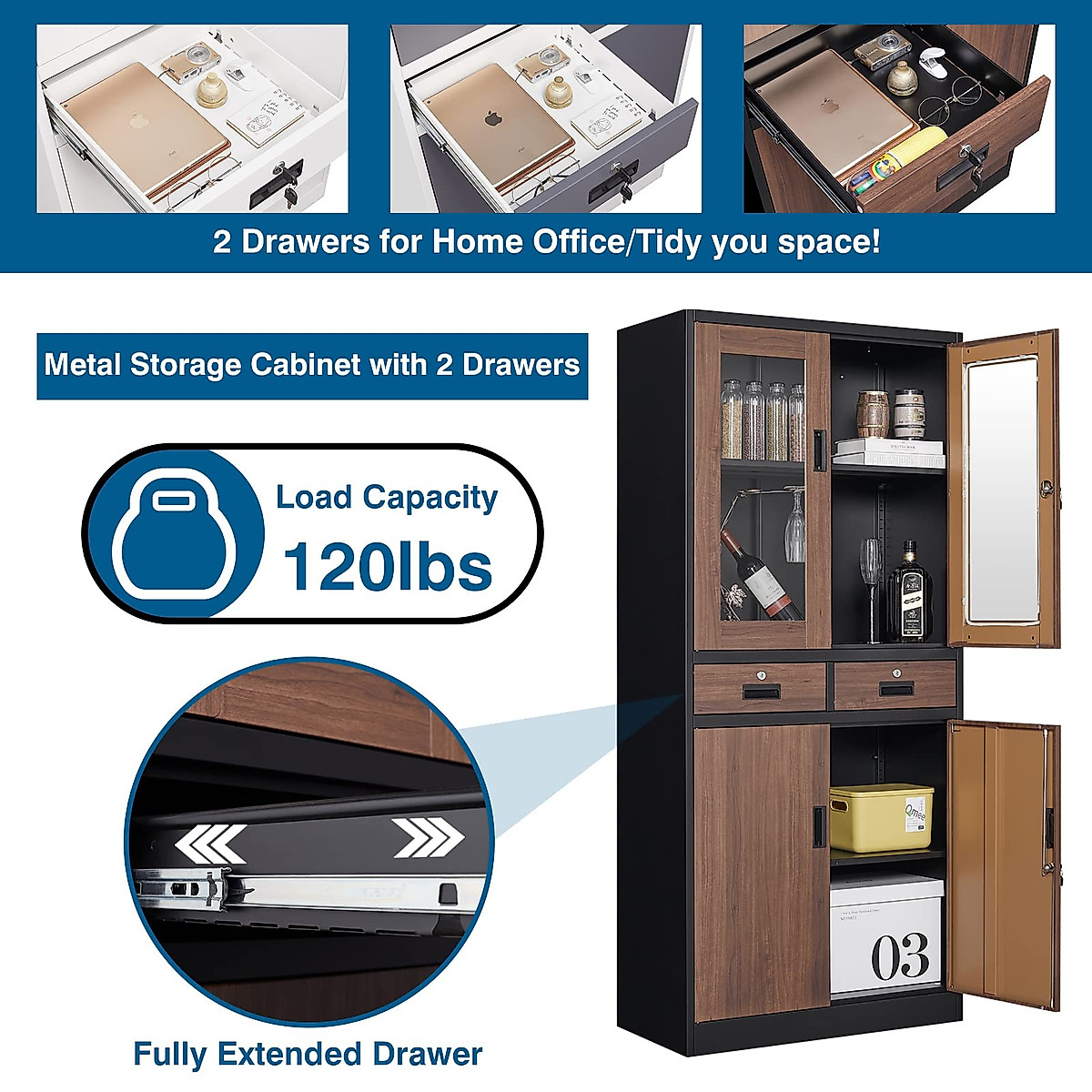 PEUKC Kitchen Pantry Cabinet, 71" Freestanding Kitchen Pantry Storage Cabinet with Drawer and Adjustable Shelves, Metal Tall Pantry Cabinet Cupborad with Glasses Doors, Wood Color