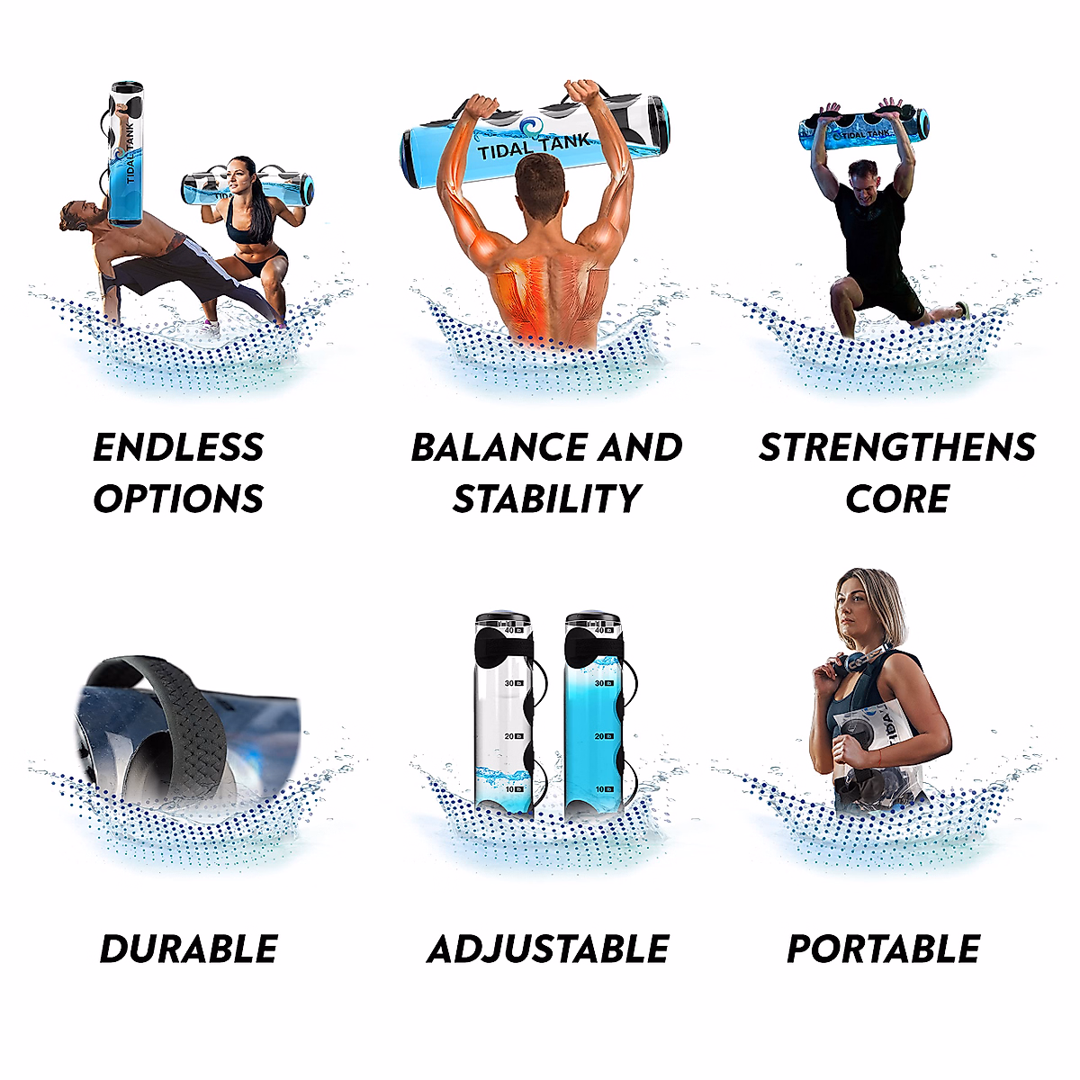 Tidal Tank Classic - Aqua Bag with Water, Sandbag Weighted Workout Equipment for Strength Training Adjustable Weights for Core Stability, Free App for Full Body Workout - up to 49 lb