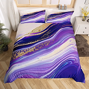 Erosebridal White and Purple Marbling Bedding Set Abstract Ombre Comforter Cover Golden Gradient Tie Dye Duvet Cover King,Iridescent Ink Fluid Art Marble Home Decor
