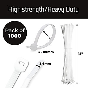 12" White Zip Cable Ties (1000 Pack), 40lbs Tensile Strength - Heavy Duty, Self-Locking Premium Plastic Cable Wire Ties for Indoor and Outdoor by Bolt Dropper (White)