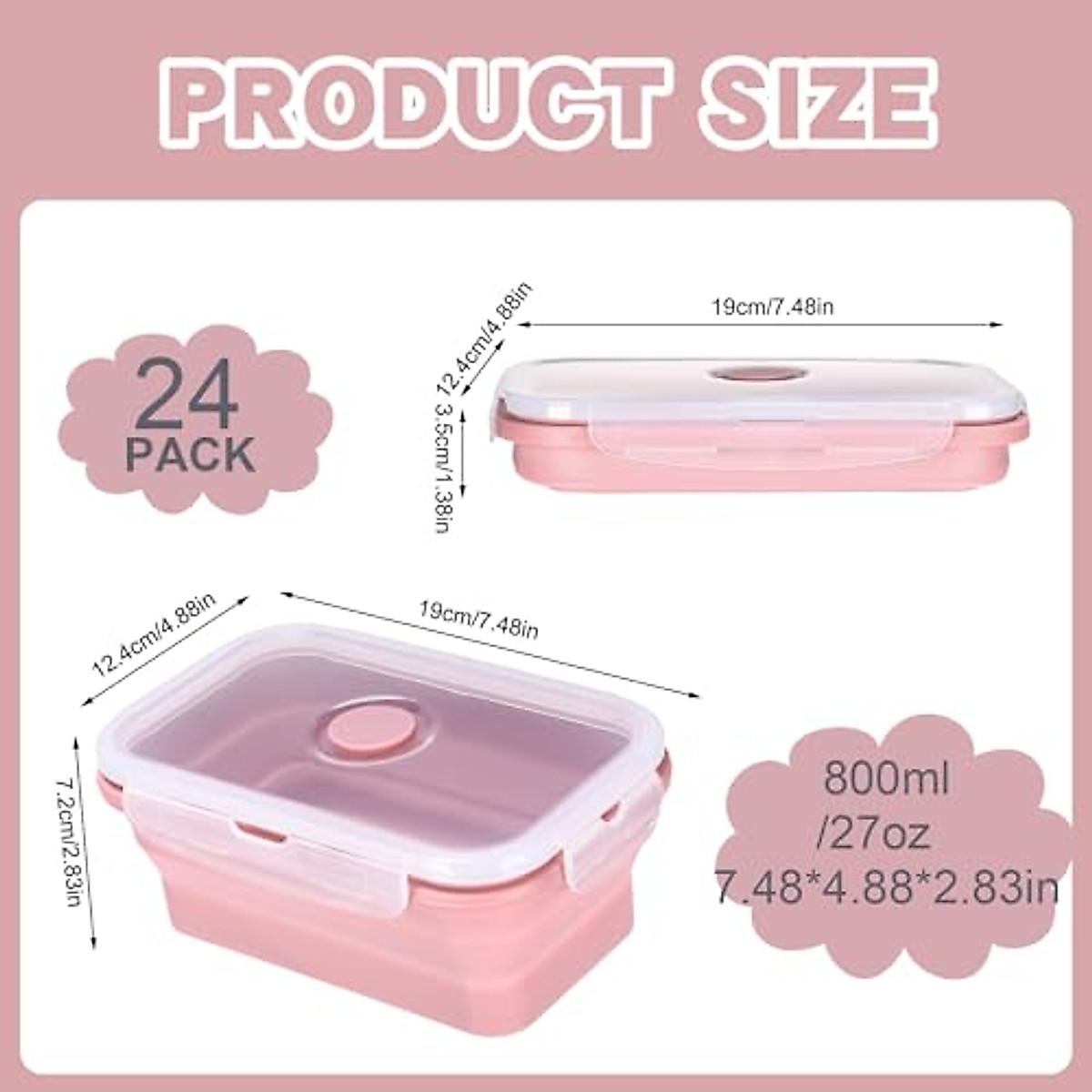 Hushee 24 Pack 27oz Silicone Food Storage Containers with Lids - Rectangle & Square Collapsible Bowls for Camping Kitchen - Microwave, Dishwasher & Freezer Safe (Pink)