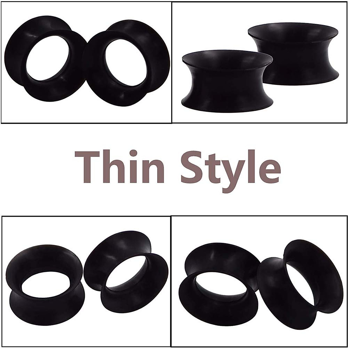 Qmcandy 2 Pair Black Thin Silicone Flexible Ear Skin Hollow Tunnels Plugs Earlets Piercing 00g