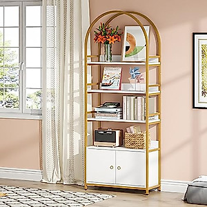 LITTLE TREE 75.9 Inch Arched Bookshelf Etagere Bookcase with Cabinet Door for Living Room