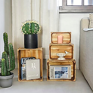 MACVAD Set of 4 Large Torched Wood Decorative Storage Crates, Nesting Wooden Crates for Display Rustic, Farmhouse Wooden Storage Container Boxes Made from 100% Wood
