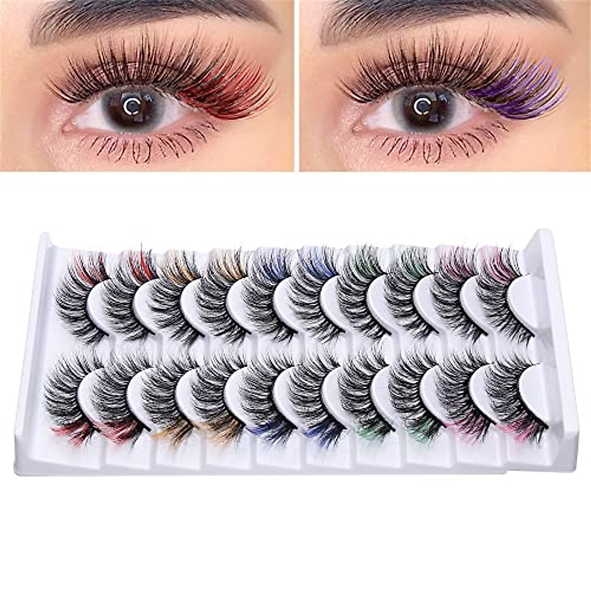 outopen Colored Lashes, False Eyelashes with Color, Fluffy 5D Volume Curly Faux Mink Eyelashes 10 Pairs Cat-Eye Cosplay Makeup Lashes