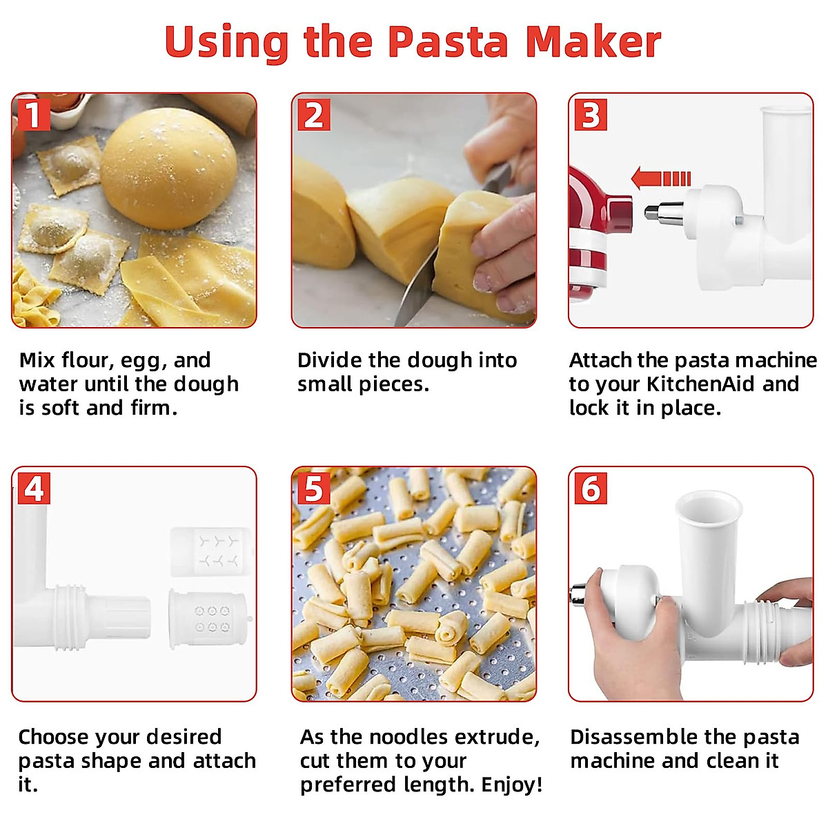 POSKZLE Pasta Attachment for Kitchenaid Stand Mixer with 6 Different Shapes Pasta Press Outlet,Durable 6-in-1 Pasta Extruder for Kitchenaid Mixer (SPXN02)