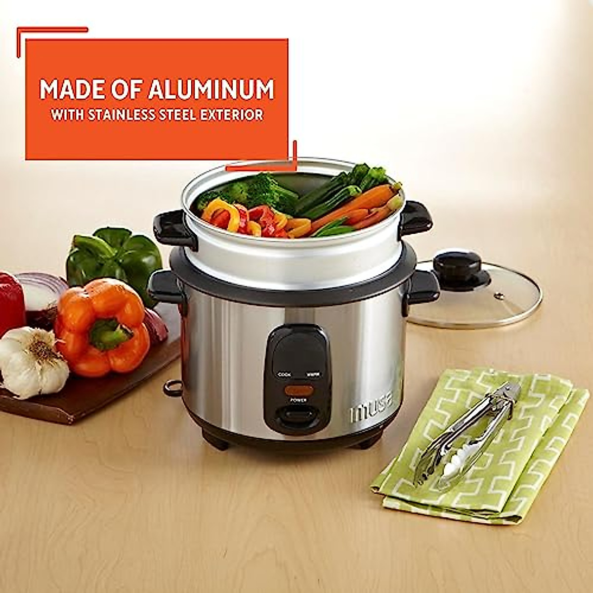 IMUSA USA GAU-00023 Electric Rice Cooker with Steam Tray 10-Cup Uncooked Rice (20-Cup Cooked Rice), Stainless Steel