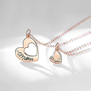 INFUSEU Rose Gold Mother Daughter Necklace Set for 2 for Mama Mom, Sterling Silver Small Dainty Tiny Heart Matching Jewelry for Women Teen Girls