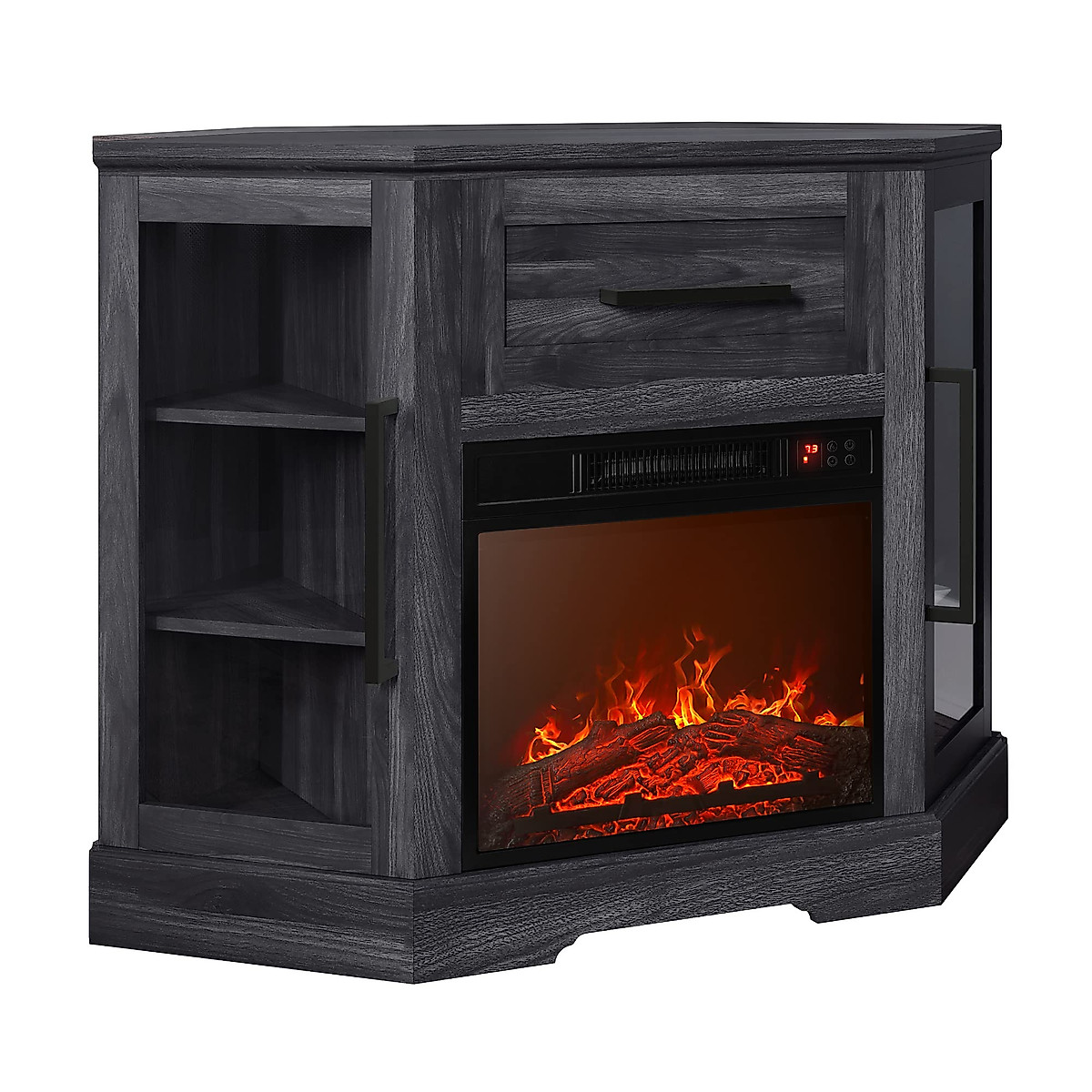 BELLEZE 43" Corner TV Stand with 18" Electric Fireplace Heater for TVs up to 43", Modern Corner Wood Entertainment Center with Glass Door Storage Cabinets - Dale (Rustic Grey)