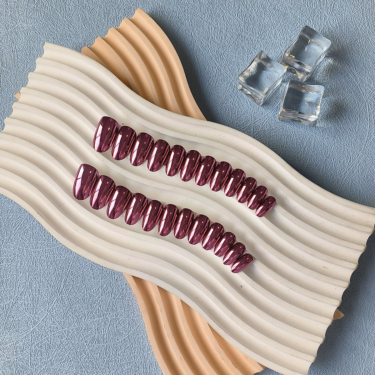 Chrome Dark Red Press on Nails Almond Shaped Nails Press ons, Medium Fake Nails Short Almond Acrylic Nails Glue on Nails Medium False Nails for Women Thick Natural Gel Stiletto Almond Nails 24Pcs