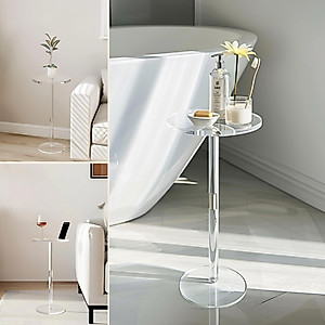 Acrylic Drink Table, Small Round Side Table for Small Space, Pedestal End Table with Phone Holder, Multi-Use Modern Accent Table, Martini/Cocktail Table for Living Room, 10"X21" Easy Assembly