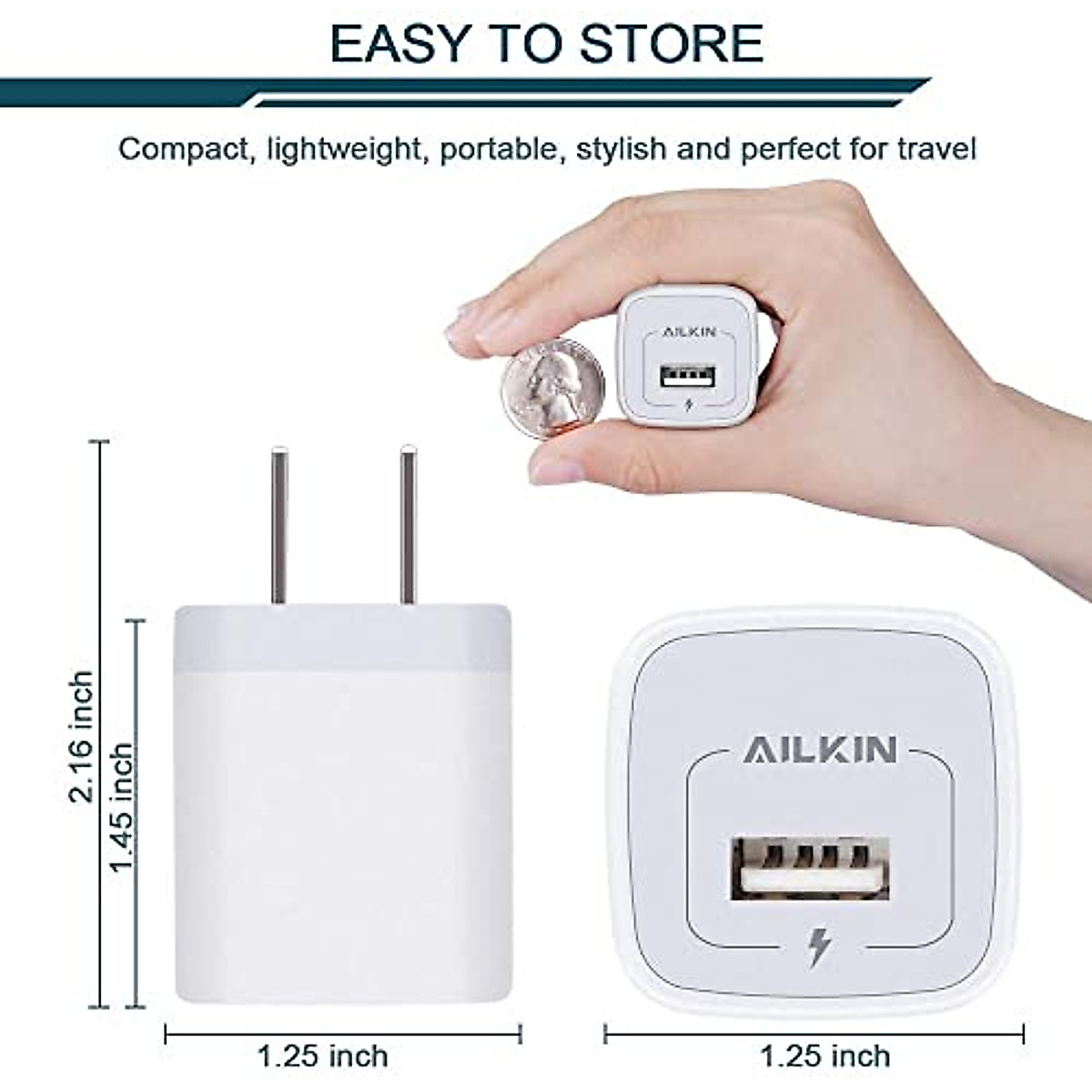 USB Charger, iPhone Wall Charger Block, AILKIN 3Pack Single Port iPhone Fast Charging Power Adapter Plug Cube Compatible with iPhone 14 13 12 Pro Mini Max 11 XR, Samsung Galaxy S23 S22 S21 A52, Google