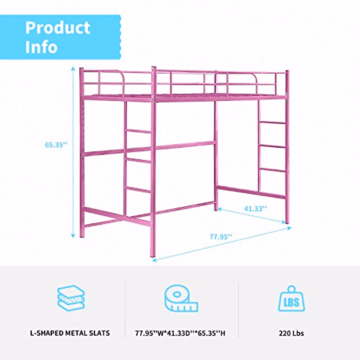 cuoote Metal Twin Size Loft Bed Frame, Multifunctional Twin Size Loft Bed with Ladder and Guardrail, Space-Saving Design, No Box Spring Needed, Modern Industrial Style, Pink