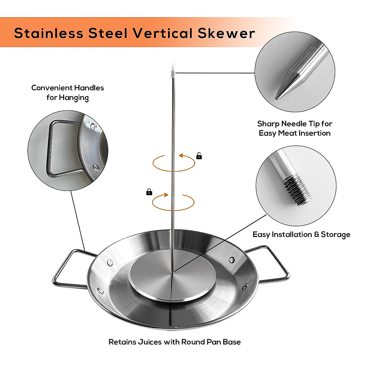 Fengzhe Al Pastor Skewer for Grill, Stainless Steel Vertical Skewer, Brazilian Spit Stand with 3 Spikes,2 Brushes,Ideal for Tacos Al Pastor,Shawarma, Kebabs on Smoker, Oven,with Fat Separator Tray.