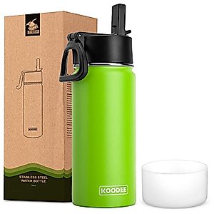 Koodee 16 oz Water Bottle-Stainless Steel Double Wall Vacuum Insulated Wide Mouth Water Flask with Straw Lid, BPA Free(Apple Green）