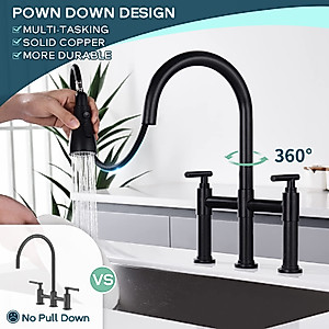 ARRISEA Matte Black Bridge Kitchen Faucet with 3 Mode Pull-Down Sprayer 2 Handle 8 Inch Faucet for Kitchen Sinks 3 Hole Kitchen Sink Faucet, Fingerprint Resistant Spot Free BL-BKF-15108BK