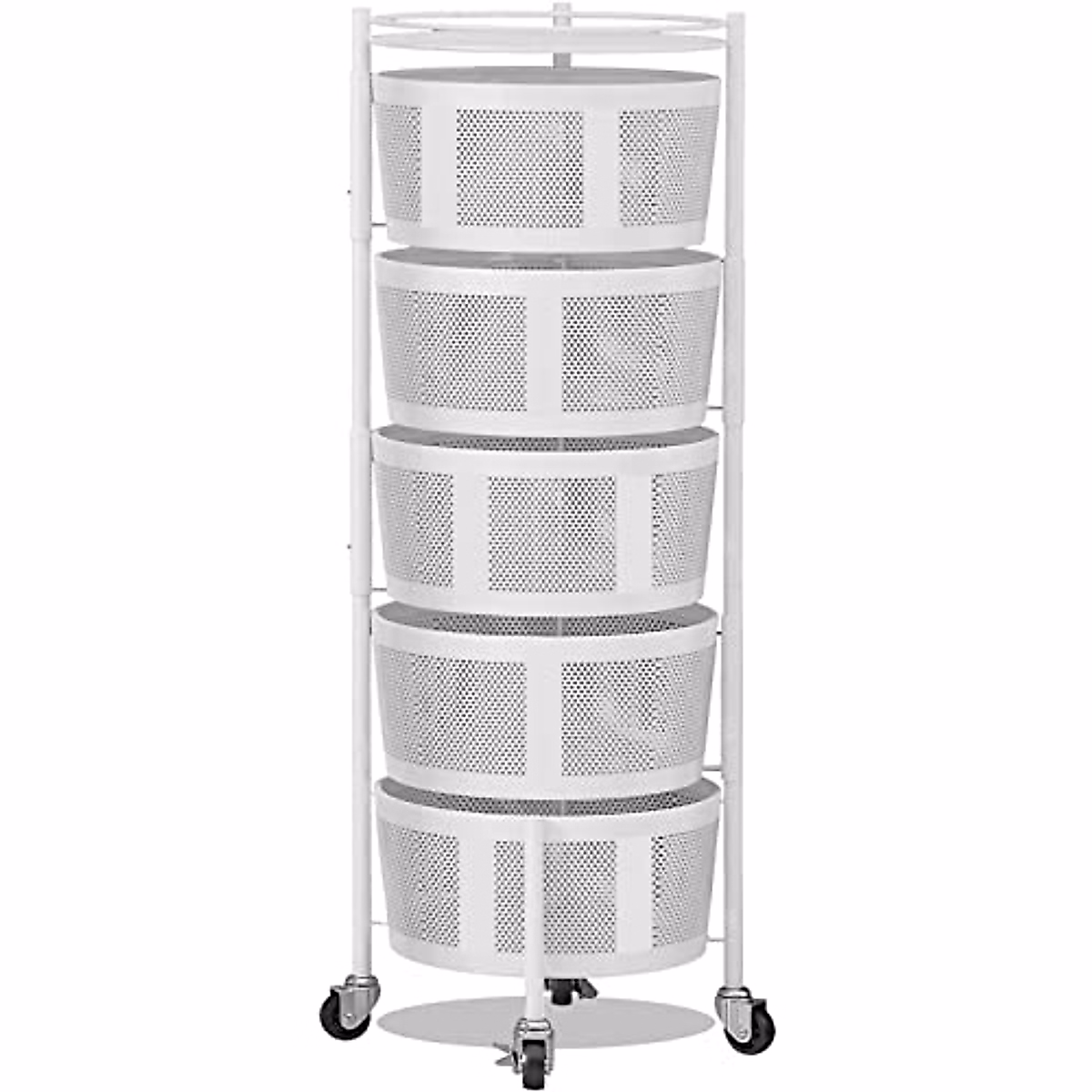 Flesser Rotating Baskets Storage Rack 5 Tier Round Kitchen Rolling Cart with Wheels White Fruit Vegetable Baskets Organizer Stand for Bathroom,Bedroom