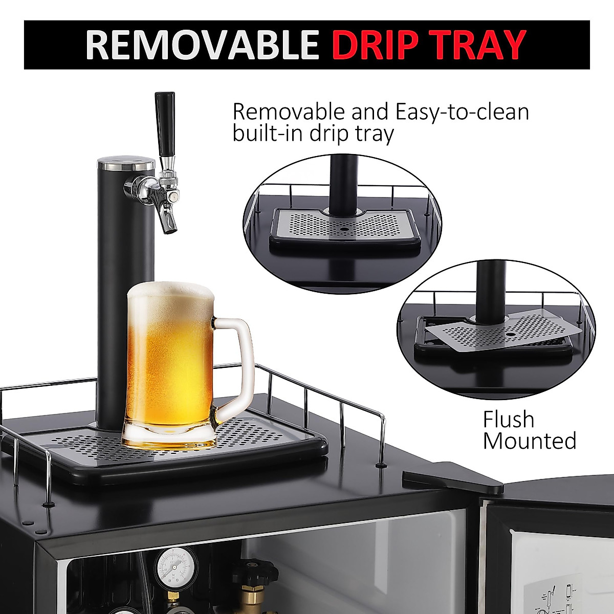 TROPOW Beer Kegerator, 128L Full Size Single Tap Stainless Steel Draft Keg Cooler Refrigerator with Shelves, Drip Tray & Rail, Silver