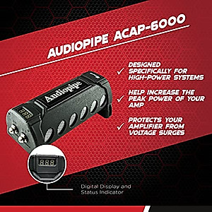 Audiopipe ACAP-6000 Car Audio 6 Farad 24 Volt Surge Power Capacitor Kit for Car Stereo Amplifier with Digital Display and Electronic Protection, Black