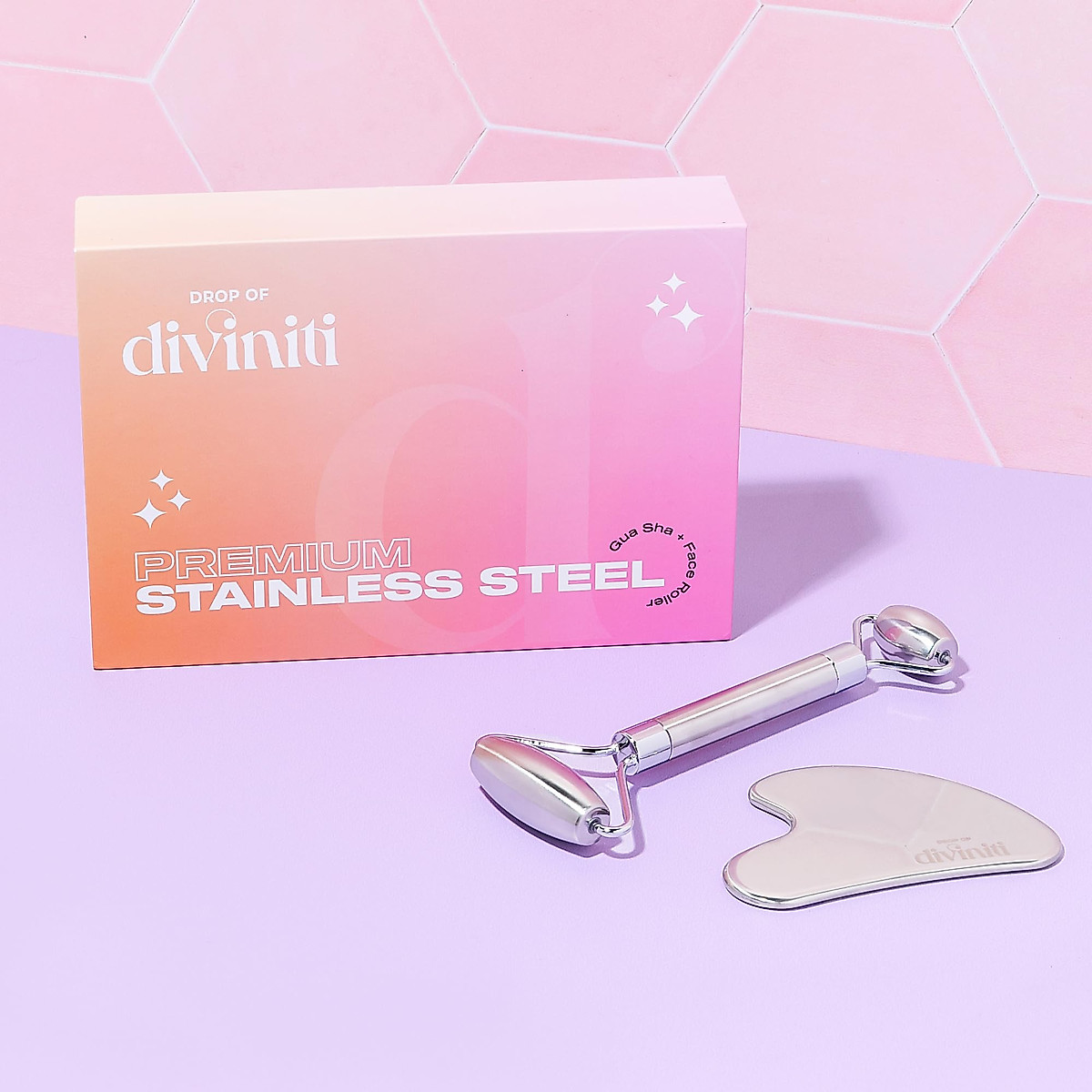 Stainless Steel Face Roller - Premium Gua Sha Facial Tools Stainless Steel GuaSha Tool and Face Roller Set - Gua Sha Stainless Steel Gua Sha Tool - Metal Face Roller and Gua Shua Set - Spa Gifts