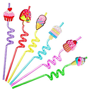 Reusable Ice Cream Straws Party Favors Supplies,24Pcs Plastic Cupcake Fun Cute Long Crazy Silly Spiral Drinking Straws for Kids Birthday Hawaiian Beach Cocktail Luau Party Decorations 1 Cleaning Brush