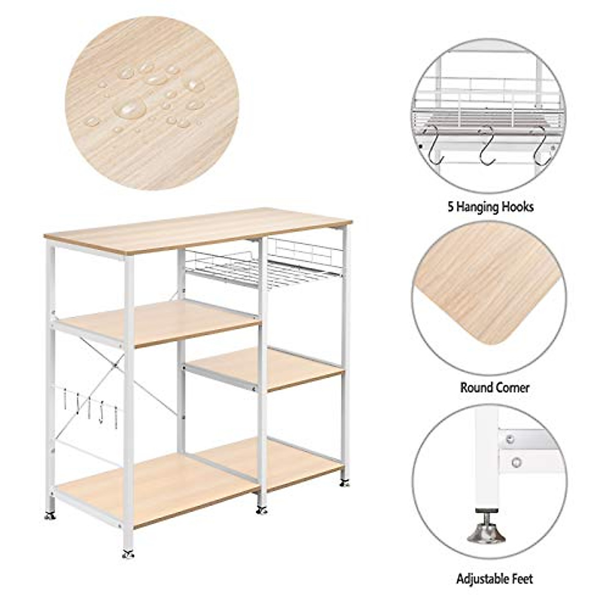 Baker's Rack 3 Tier Utility Storage Shelves with 5 Hooks Standing Storage Rack Floor Spice Rack Storage Shelf Organizer and Shelving Heavy Duty for Kitchens Microwave Living Room Bedroom (White)