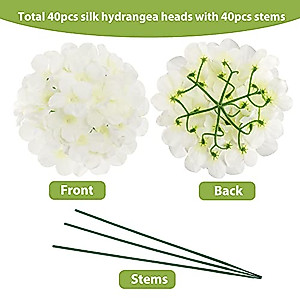 JPSOR 40pcs Artificial Hydrangea Silk Flower Heads with Stems, Fake Flowers for Mothers Day Wedding Centerpiece Home Garden Party Decoration (White)