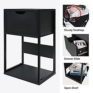 YUSING Nightstand Set of 2, Side Table with Drawer and Storage Shelf, 3-Tier End Table Bedside Table for Bedroom, Living Room, Sofa, Couch, Hall (Black)