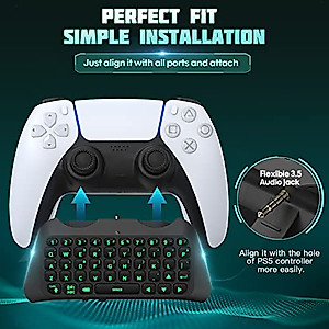TiMOVO Green Backlight Keyboard for PS5 Controller, Wireless Bluetooth Keypad Chatpad for Playstation 5 Controller, Mini Game Keyboard Built-in Speaker with 3.5mm Audio Jack for Messaging, Black