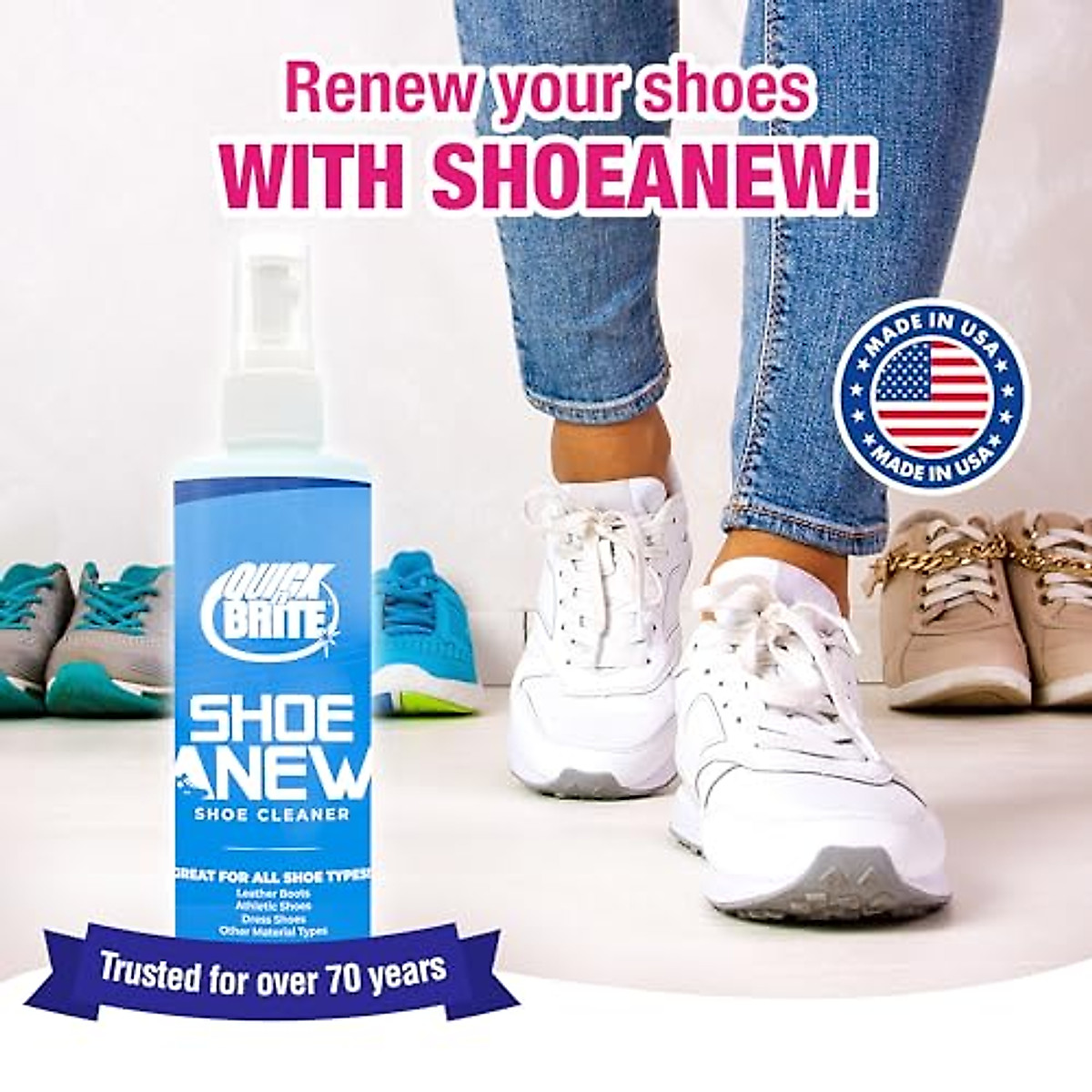 ShoeAnew Quick ’n Brite Cleaning Kit - Footwear Cleaner for All Shoe Types - Sneakers, Boots, Dress Shoes, Collectibles - 12 Ounce Bottle, Soft Bristle Brush and Premium Microfiber Cloth