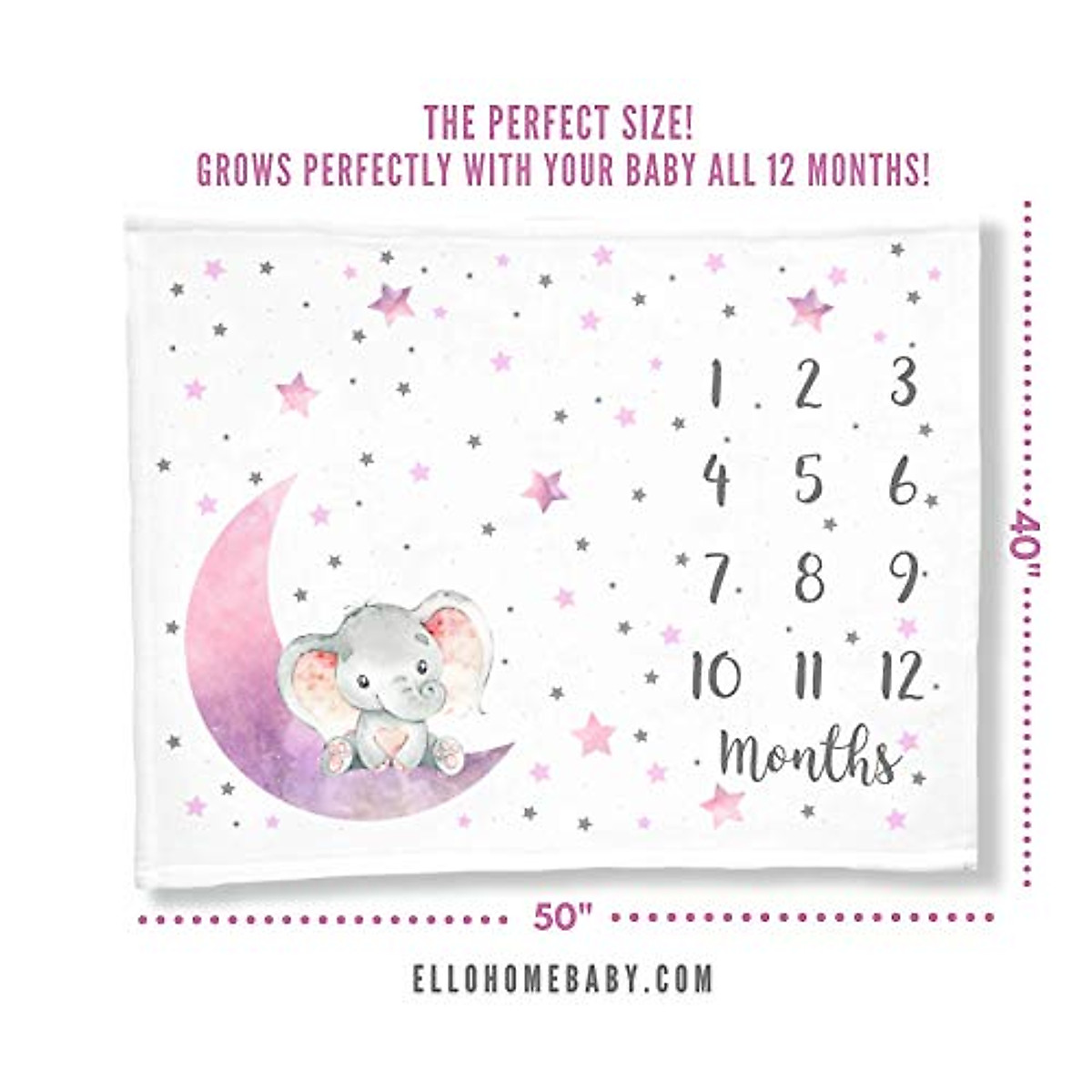 Elephant Baby Milestone Blanket Headband, Month Marker, Newborn Photography Background Mat Photo Prop, Calendar Growth Tracker Chart, I Love You to The Moon and Back Stars Nursery (Pink, Minky 50x40)