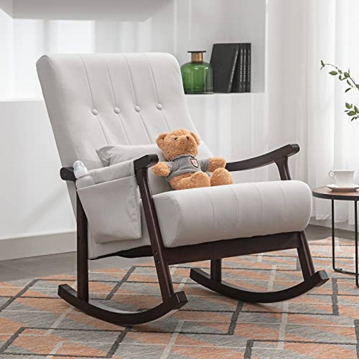 Attaliarec Rocking Chair Nursery, Rocker Glider Chair for Nursery High Back, Accent Living Room Chairs, Tufted Nursing Comfy Chairs for Mom, Gift, Side Pocket, Lumbar Pillow, Light Gray