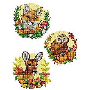Counted Cross-Stitch Kit on Plastic Canvas with Forest Animals. 3 Cute Ornaments Different Dimensions 142CS. Marvelous for Art & Craft Amateurs