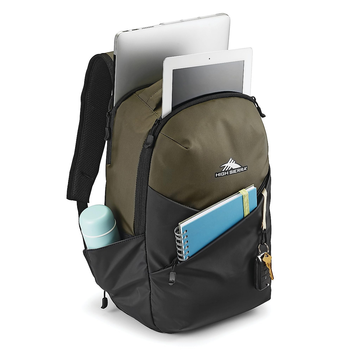 High Sierra Luna Polyester Large Storage Backpack with Grab Handle, 360 Degree Reflectivity, and Laptop Padded Pocket Sleeve, Olive & Black